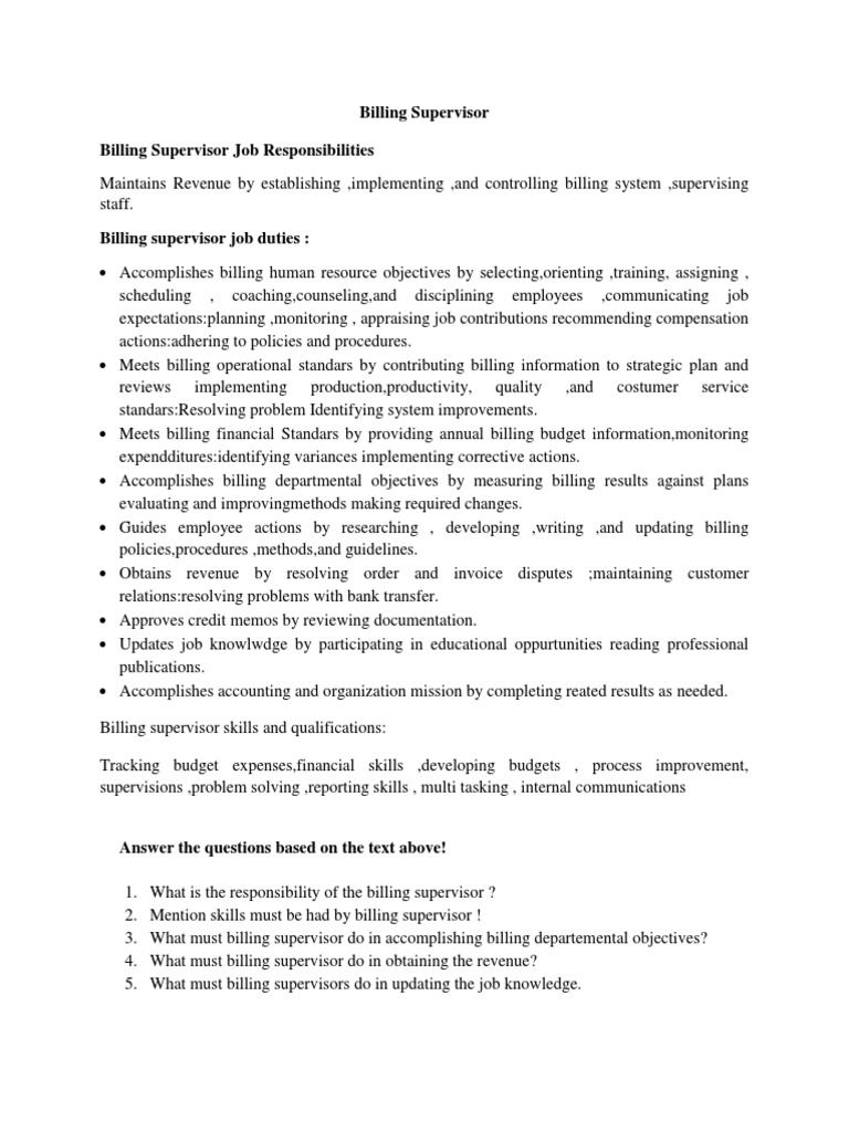 Billing Supervisor Billing Supervisor Job Responsibilities | PDF