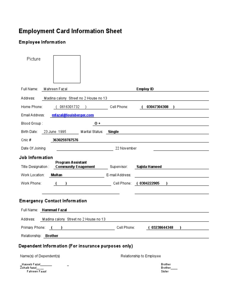 Employment Card Information Sheet: Picture | PDF | Telecommunications ...