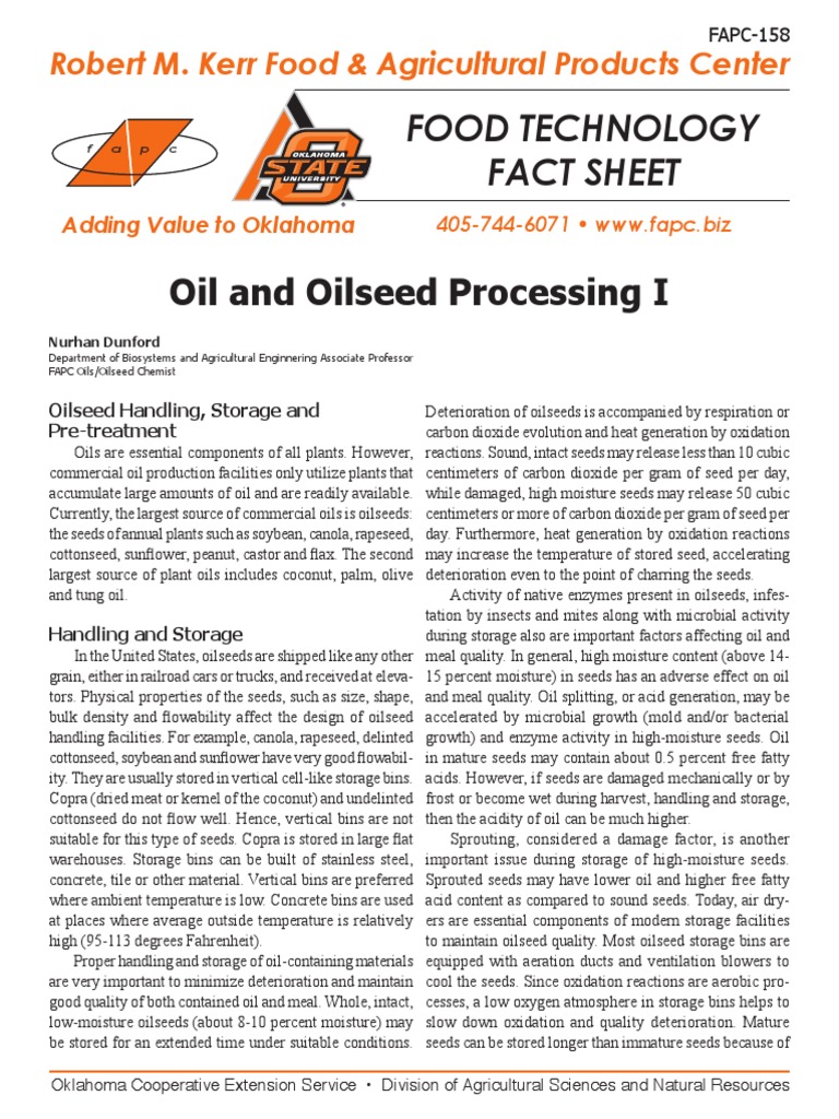 Oil and Oilseed Processing I: Food Technology Fact Sheet | Download ...