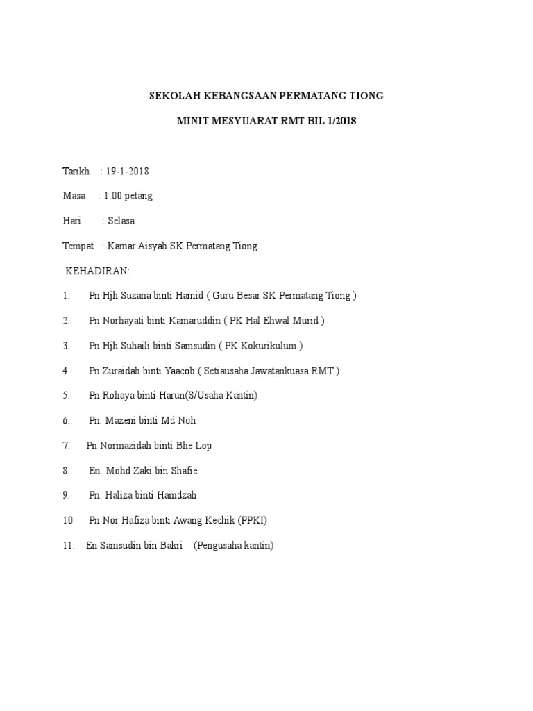 Contoh Minit Mesyuarat RMT Bilangan | PDF