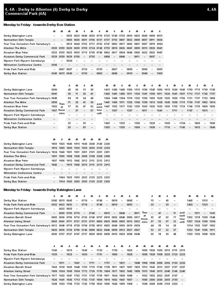ARRIVA 4 & 4A Timetable | PDF | Derby | Land Transport