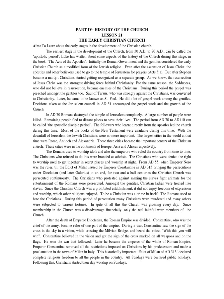 Part Iv-History of The Church Lesson 21 The Early Christian Church ...