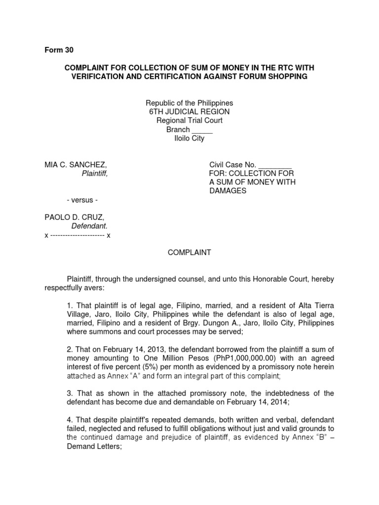 Form 30 Complaint For Collection of Sum of Money in The RTC With ...
