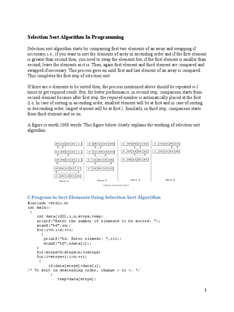 Selection Sort Algorithm In Programming Pdf Array Data Structure Computer Data 