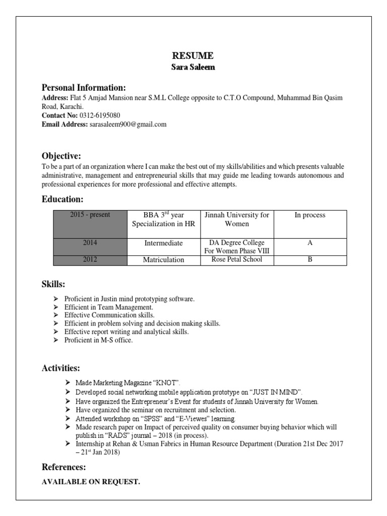 Sara Saleem Personal Information:: Resume | PDF | Self-Improvement