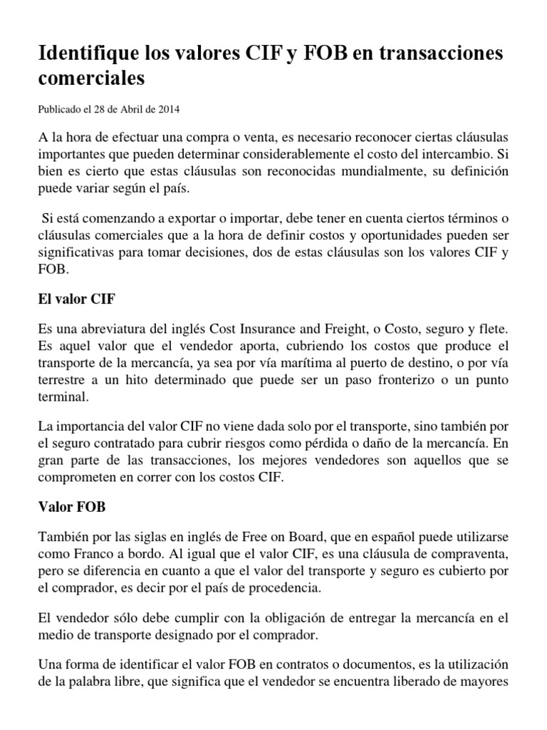 Valores CIF y FOB en Comercio Internacional | PDF | Negocios | Finanzas ...