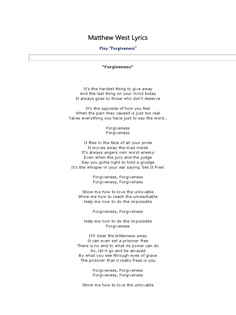 Matthew West Lyrics: Play "Forgiveness" | PDF