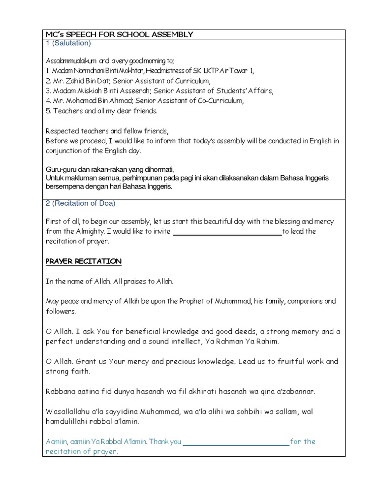 MC Script For Morning Assembly | PDF | Religious Behaviour And ...