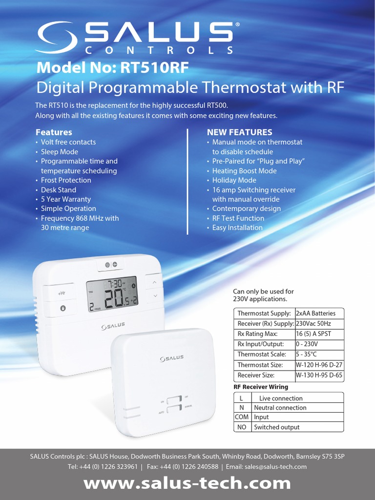Specifikacija Salus RT510RF | PDF | Thermostat | Electricity