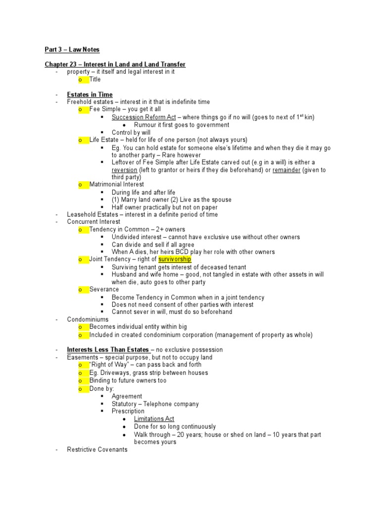 Part 3 - Law Notes Chapter 23 - Interest in Land and Land Transfer ...
