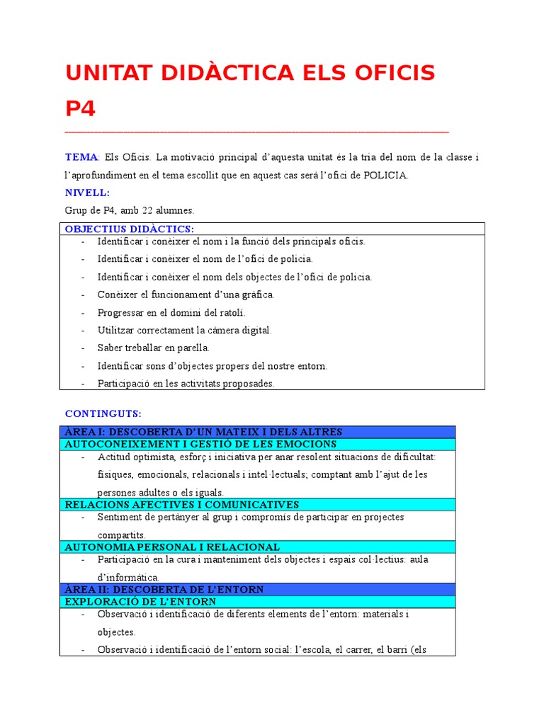 Programacio Unitat Didactica Els Oficis | PDF