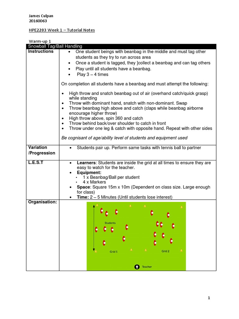 HPE2203 Week 1 - Tutorial Notes Warm-Up 1: Snowball Tag/Ball Handling ...