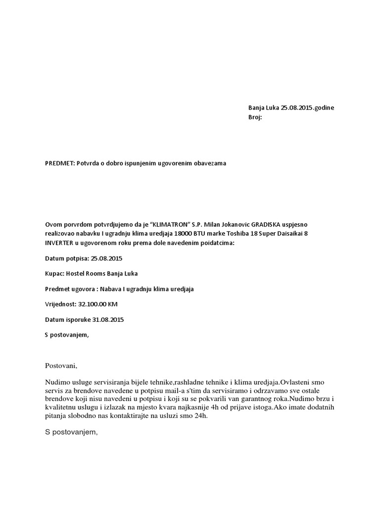 Potvrda o Realizaciji Ugovora | PDF