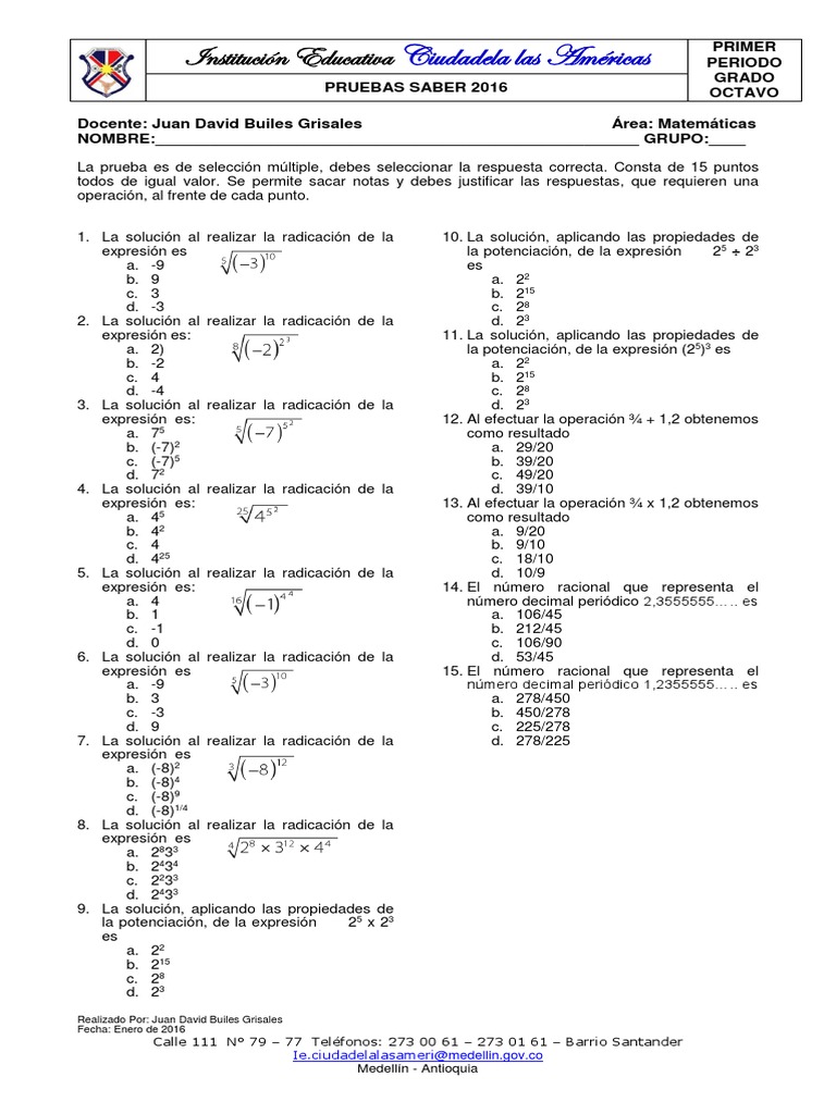 Pruebas Saber de Matemc3a1ticas Grado Octavo Primer Periodo de 20161 ...