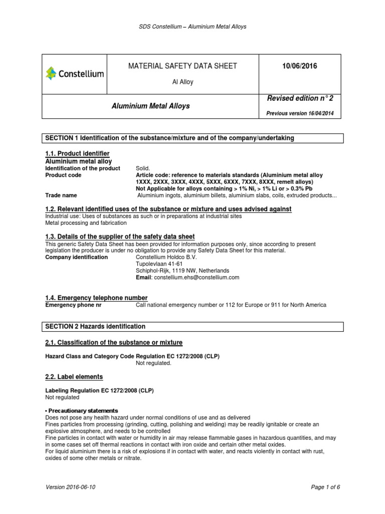 MSDS+Constellium+Aluminium+Alloys+EN+_20160610-v2 | Toxicity ...