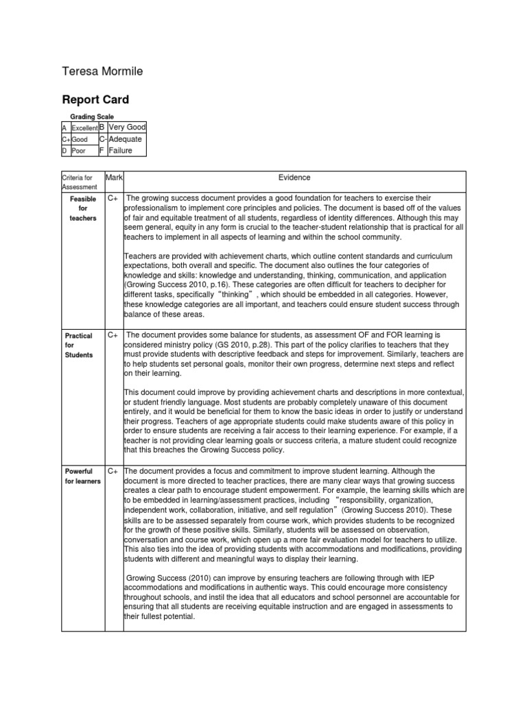 Growingsuccessreportcard Teresa | PDF | Educational Assessment | Teachers