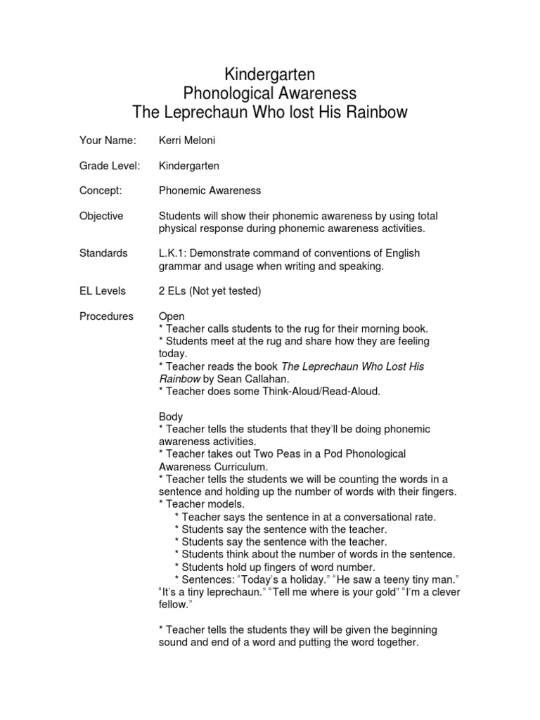 Phonological Awareness The Leprechaun Who Lost His Rainbow | PDF ...
