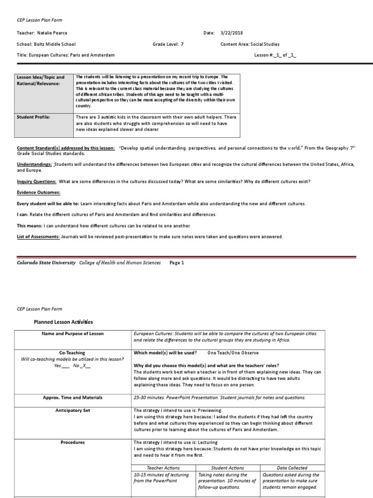 CEP Lesson Plan Form: Colorado State University College of Health and Human Sciences | PDF ...