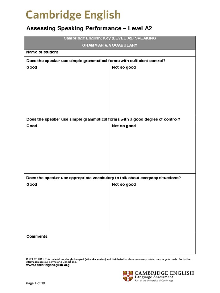Classroom Activity 168617 Assessing Speaking Performance at Level a2 ...