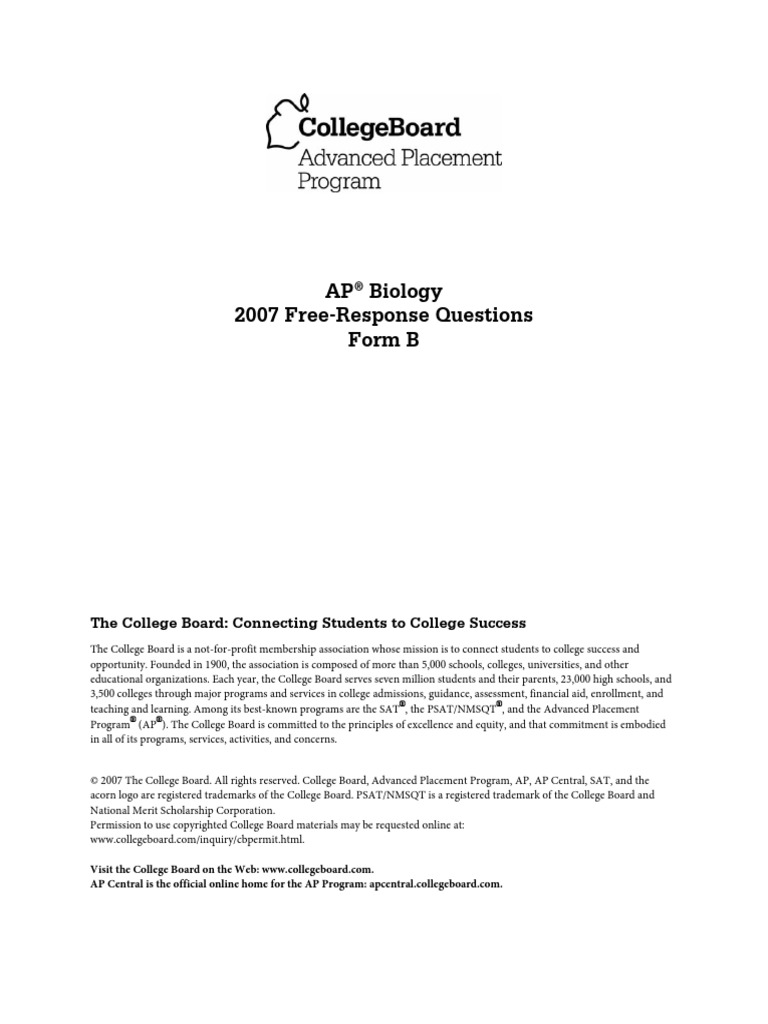 AP Biology 2007 Free-Response Questions Form B: The College Board ...