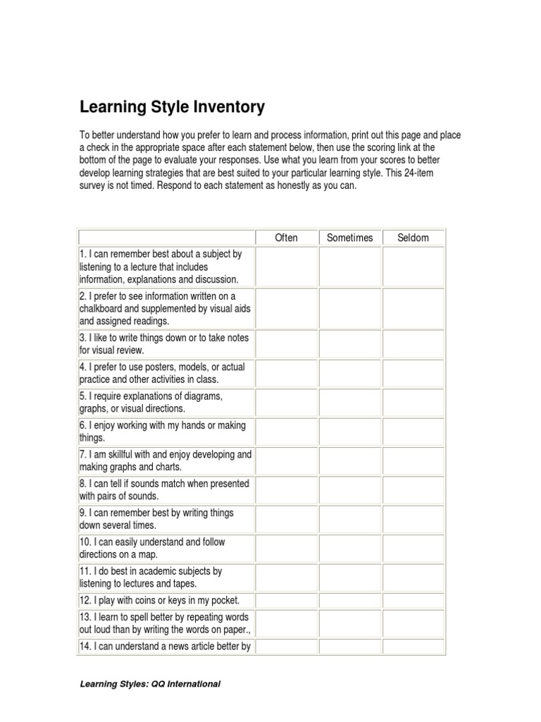 Learning Style Inventory | PDF | Learning Styles | Lecture