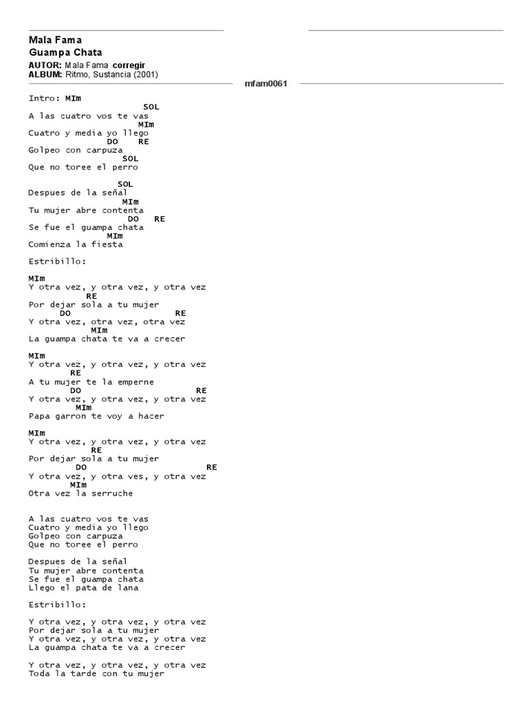 Mala Fama, Guampa Chata - Letra y Acordes PDF | PDF | Poesía