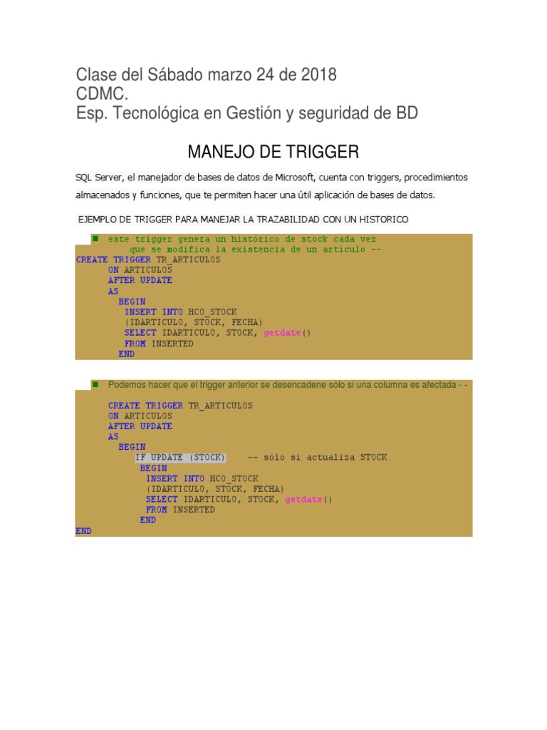 Manejo de Triggers SQL Server | PDF | SQL | Servidor SQL de Microsoft