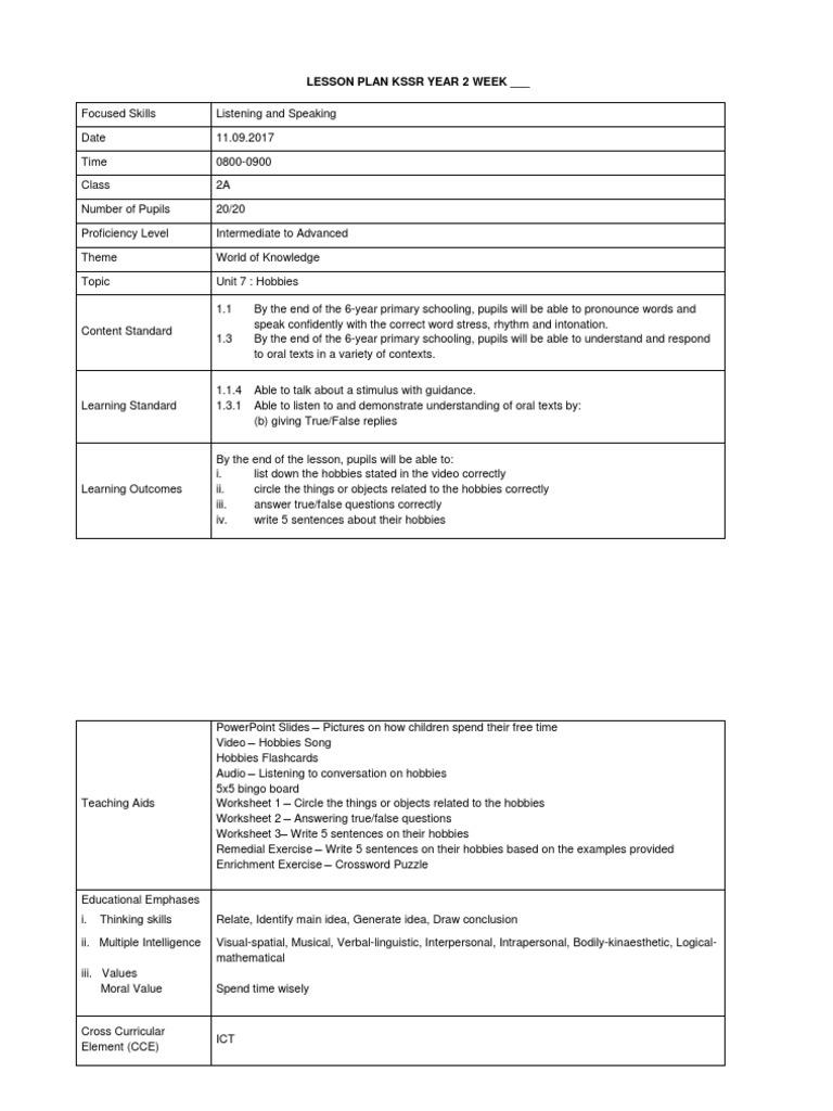 Lesson Plan KSSR Year 2 Week | PDF | Question | Lesson Plan