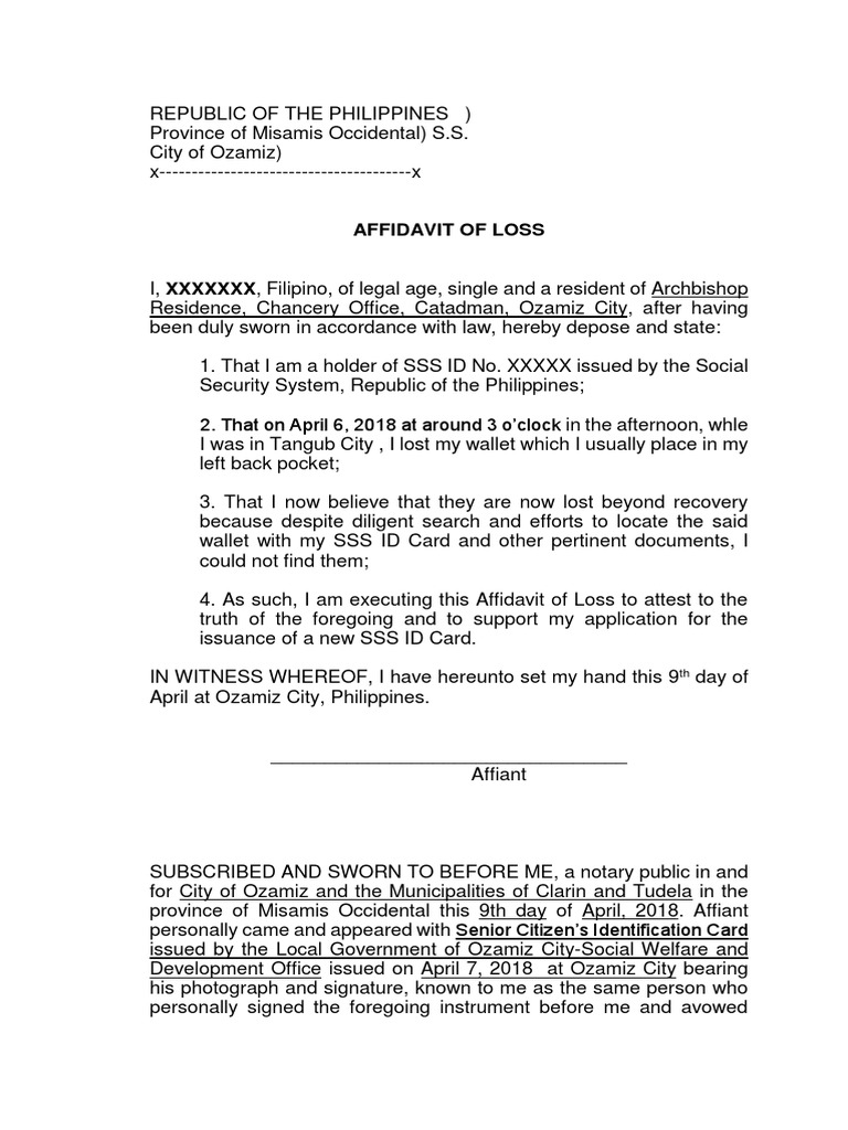 Affidavit of Loss ID SSS | PDF | Affidavit | Identity Document