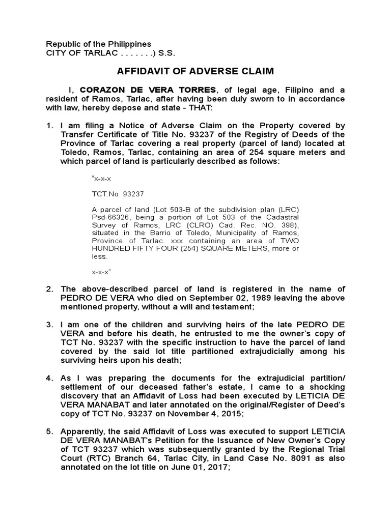 AFFIDAVIT Adverse Claim | PDF | Real Property | Law And Economics