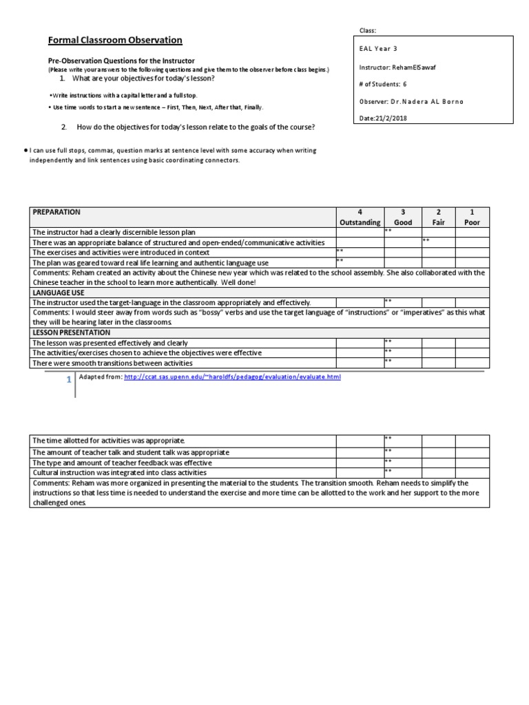 Classroom Observation Evaluation Guide | PDF | Classroom | Question
