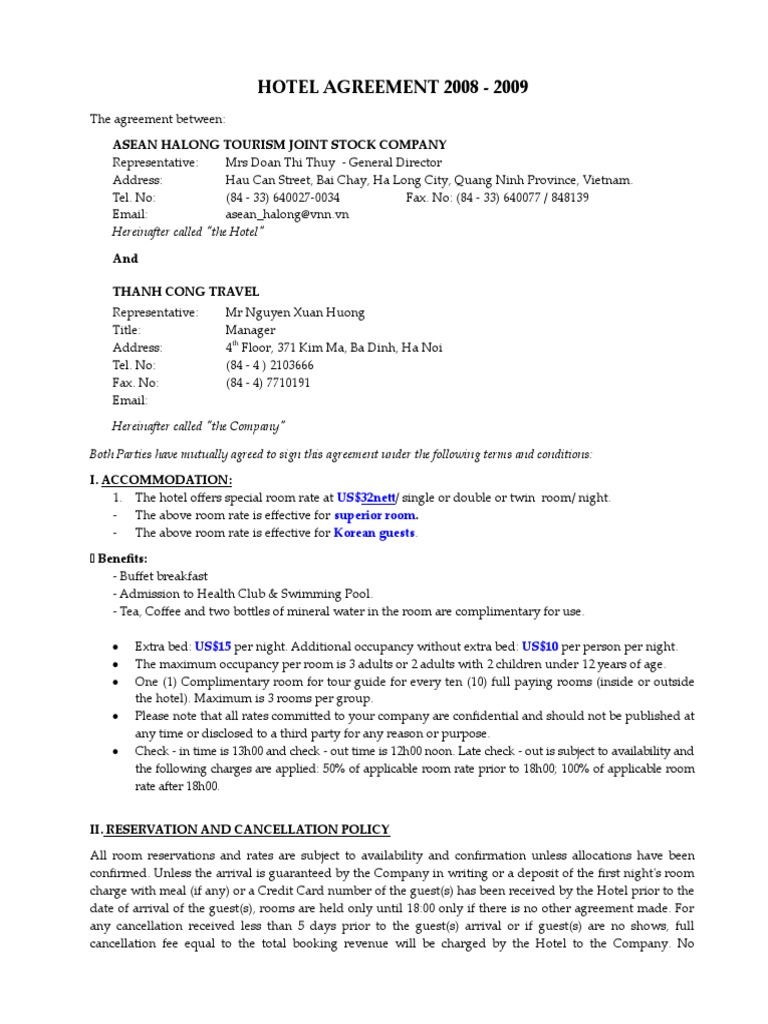 HOTEL AGREEMENT 2008 - 2009: Asean Halong Tourism Joint Stock Company ...