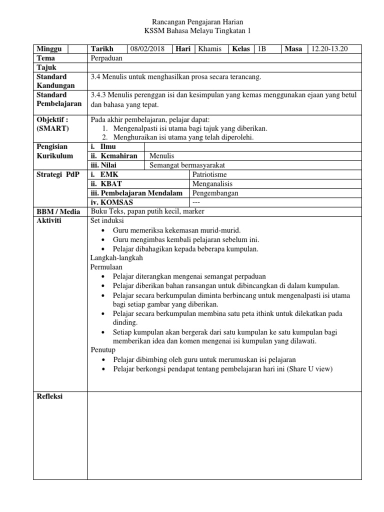 1 1b Format RPH KSSM BM t1 | PDF