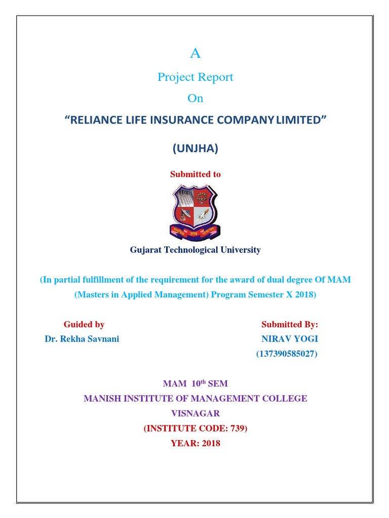 "Reliance Life Insurance Company Limited" (Unjha) : Project Report On | PDF