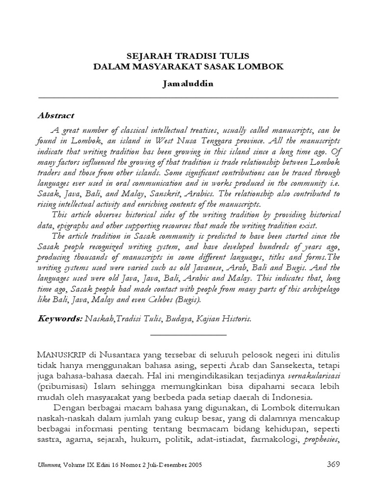 Sejarah Tradisi Tulis Dalam Masyarakat Sasak Lombo | Download Free PDF | Indonesia