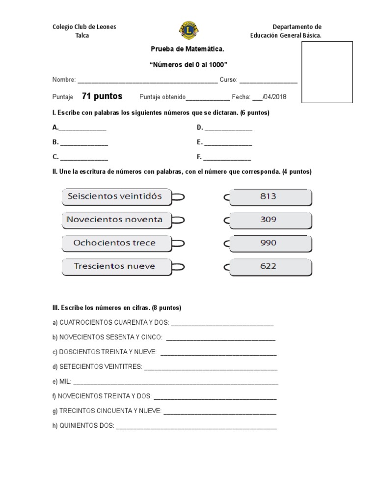 Prueba de Matematica Numeros Hasta El 1000 | PDF