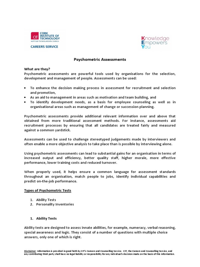 Psychometric Assessments Factsheet | PDF | Psychometrics | Test ...