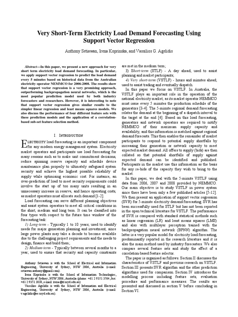 Very Short-Term Electricity Load Demand Forecasting Using Support ...