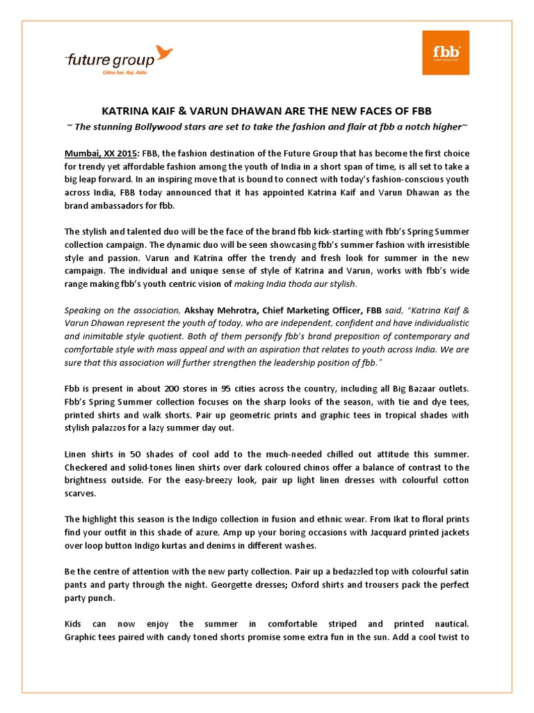 Varun Dhawan & Katrina Kaif for FBB | PDF | Fashion | Consumer Goods