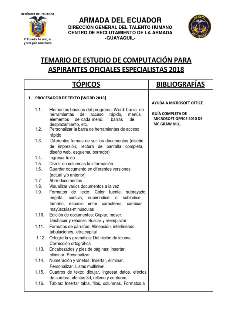 Temarios de Materias Comunesas Para Pirantes a Oficiales Especialistas ...