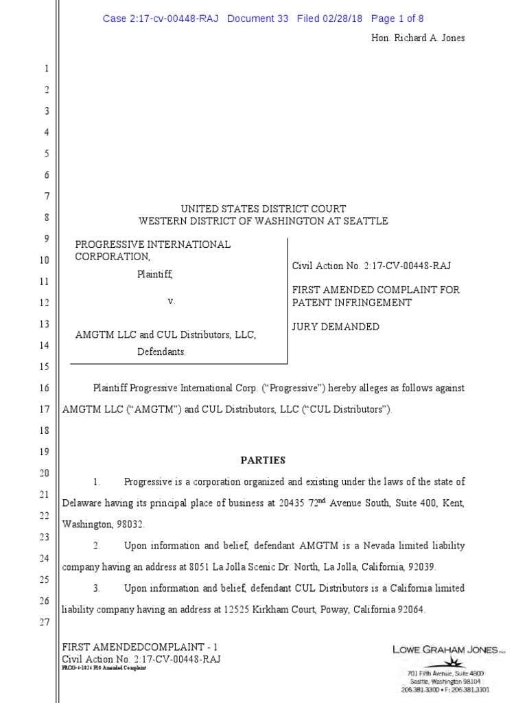 Patent Infringement Case: Progressive vs. AMGTM & CUL | PDF | Complaint ...