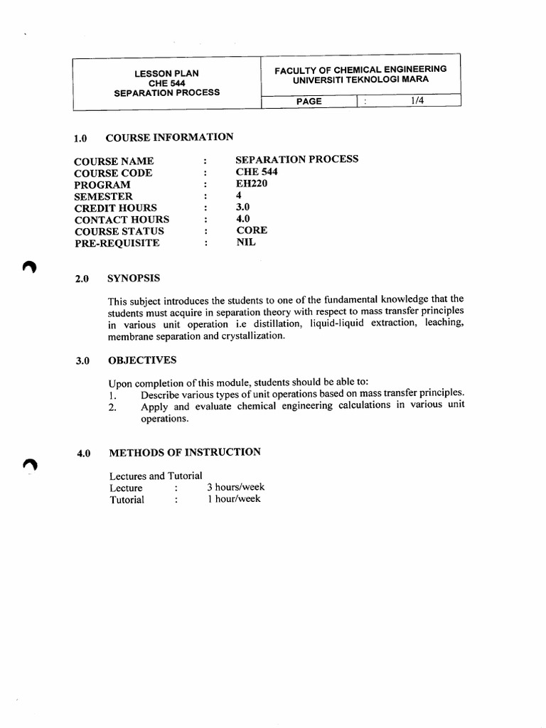 Lesson Plan Che544 | PDF | Distillation | Crystallization