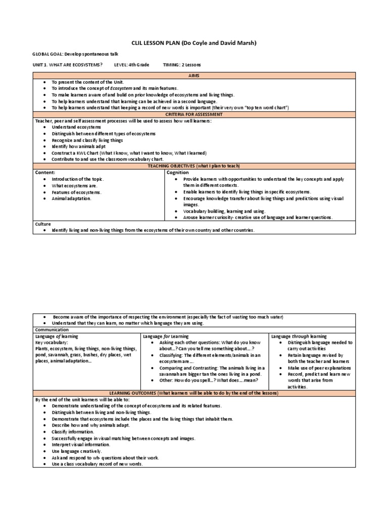 Coyle CLIL Lesson Plan | PDF | Lesson Plan | Educational Assessment