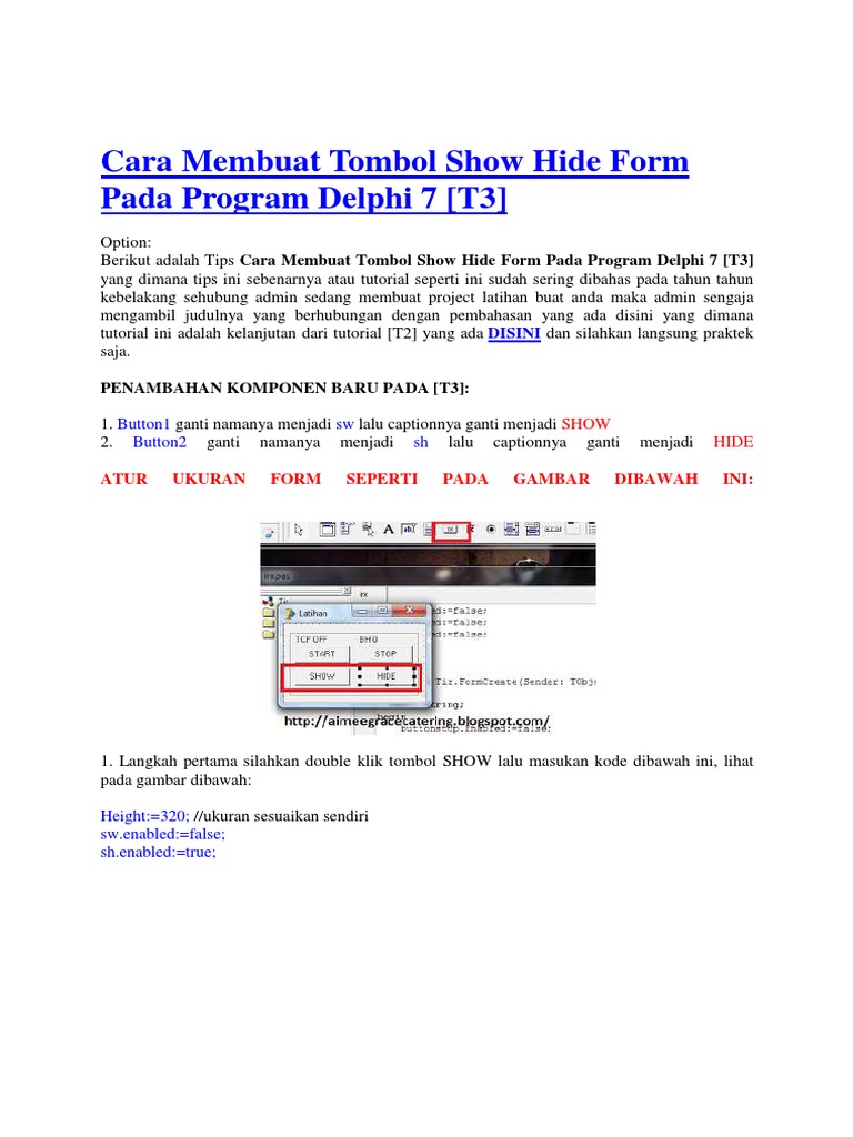 Cara Membuat Tombol Show Hide Form Pada Program Delphi 7 | PDF