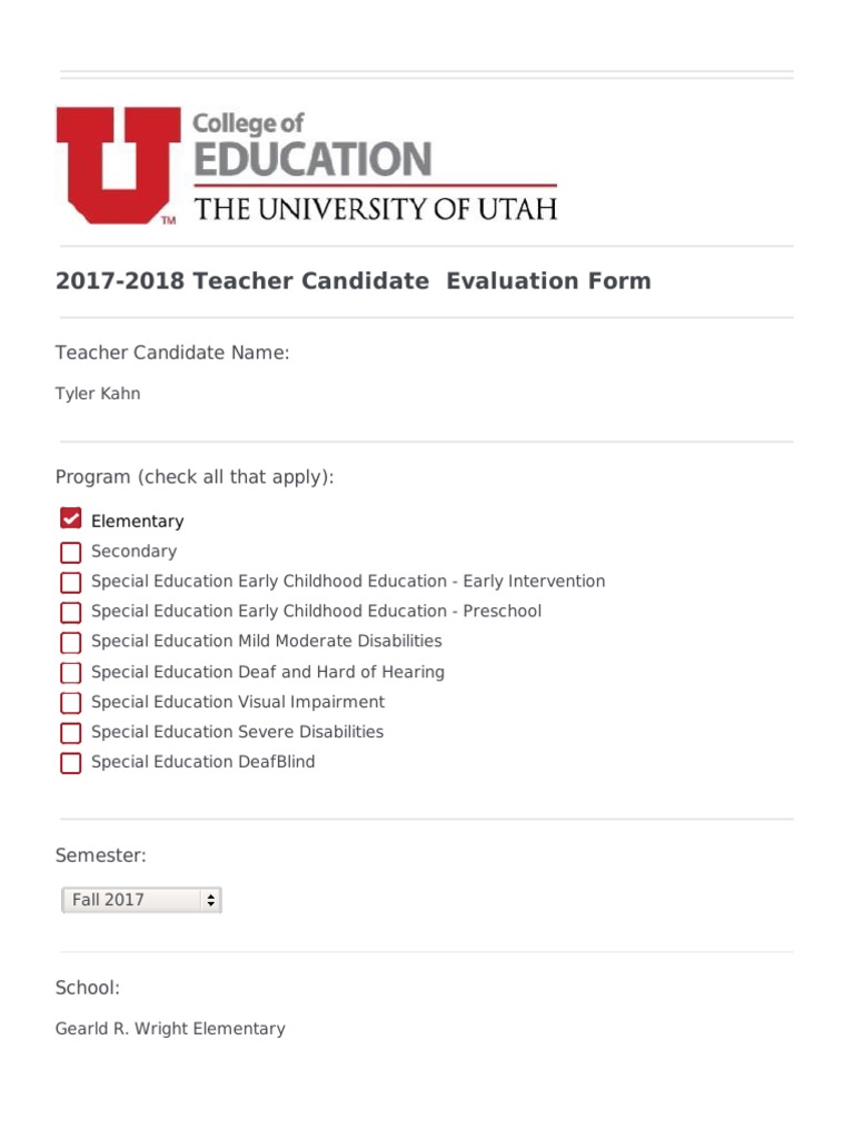 2017-2018 Teacher Candidate Evaluation | PDF | Educational Assessment ...