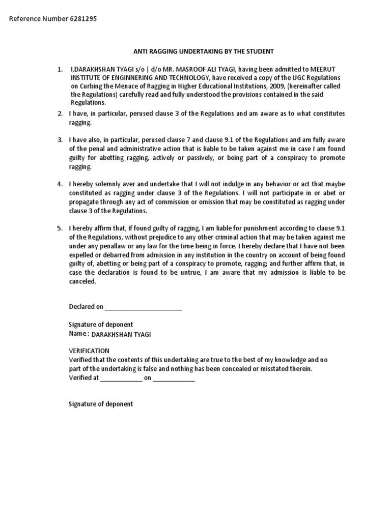 Reference Number 6281295: Anti Ragging Undertaking by The Student | PDF ...