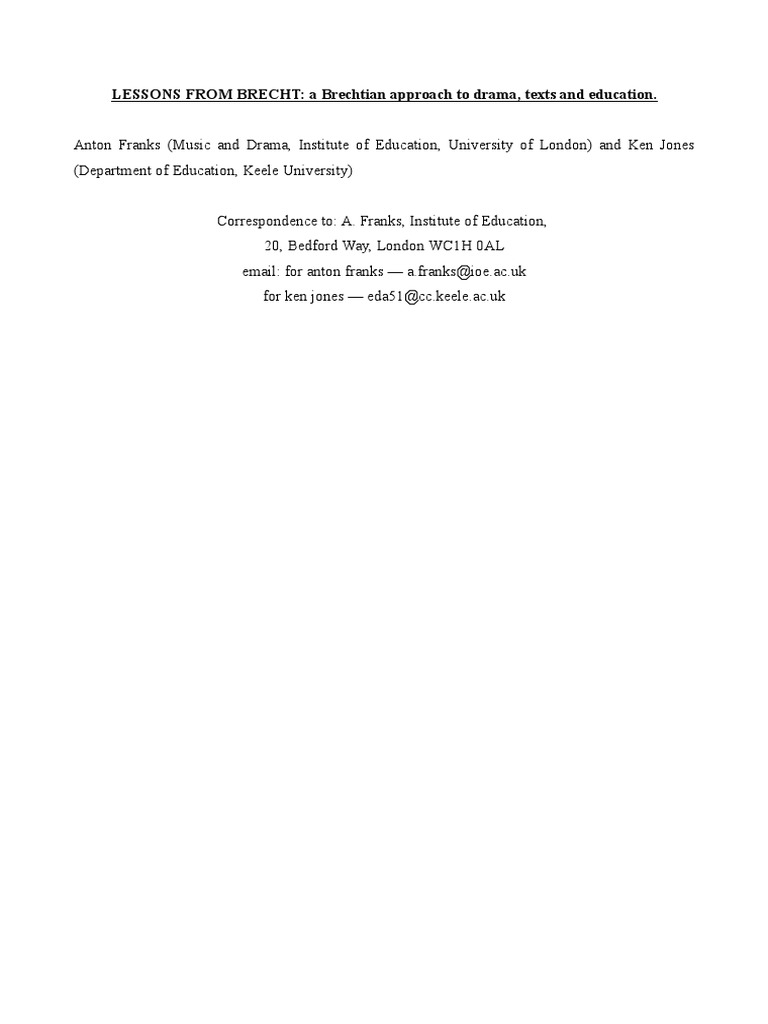 LESSONS FROM BRECHT: A Brechtian Approach To Drama, Texts and Education ...
