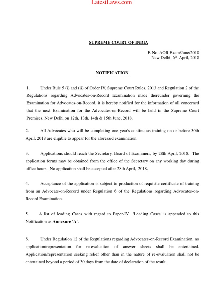 Aor Exam Notification 2018 | PDF | Supreme Court Of India | Advocate