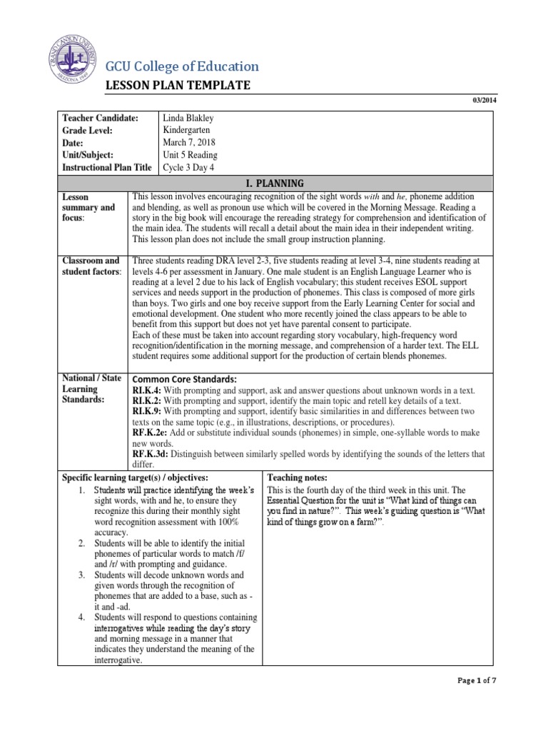 GCU College of Education: Lesson Plan Template | PDF | Reading ...