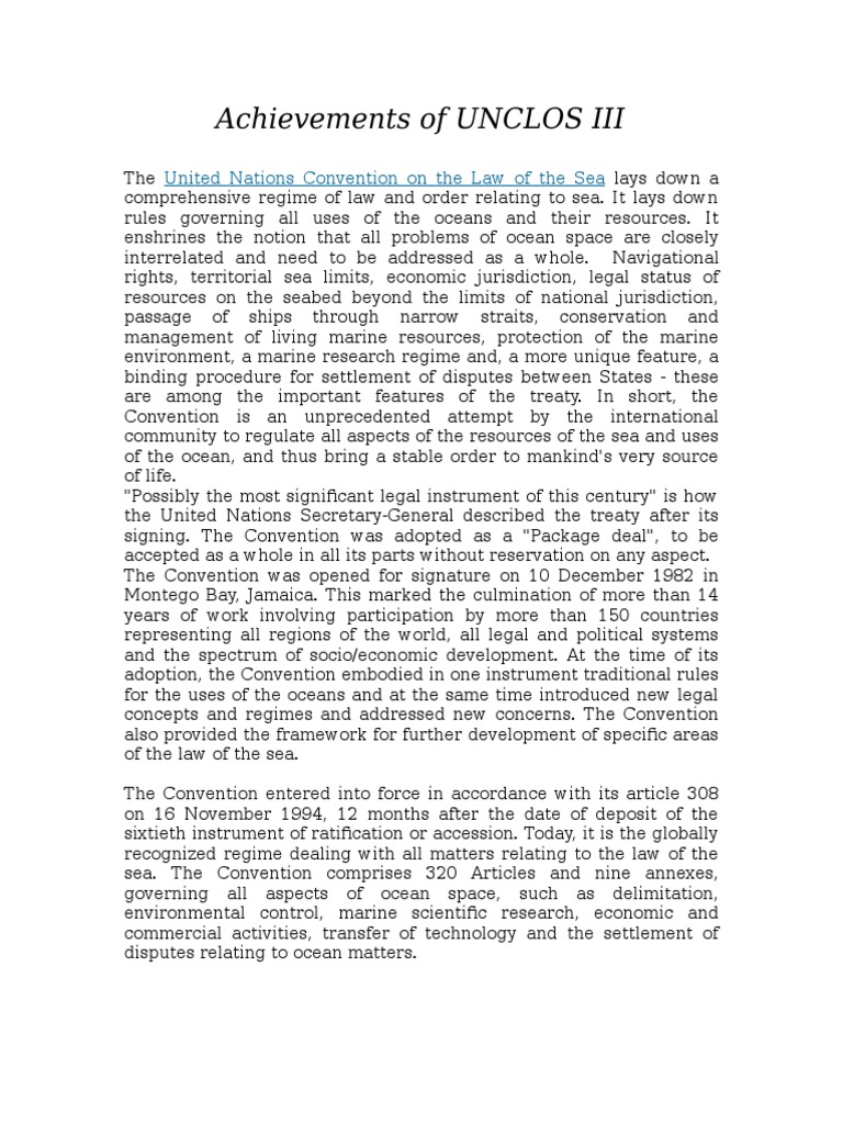 Achievements of UNCLOS III: United Nations Convention On The Law of The ...